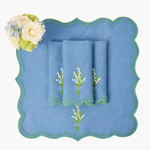 MRS. ALICE Lily Of The Valley Linen Napkins - Blue