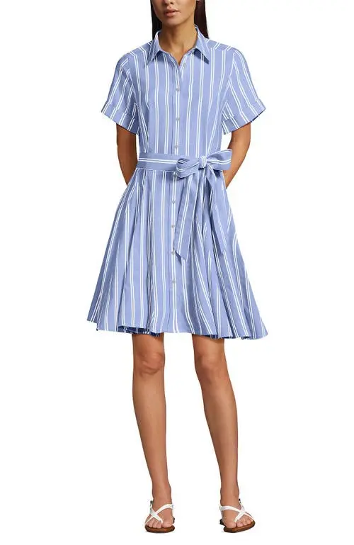 LANDS' END Linen Blend Button Front Dress With Godets - Clear Blue Sky Double Stripe