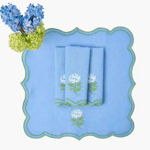 MRS. ALICE Rose Embroidered Linen Napkins - Blue