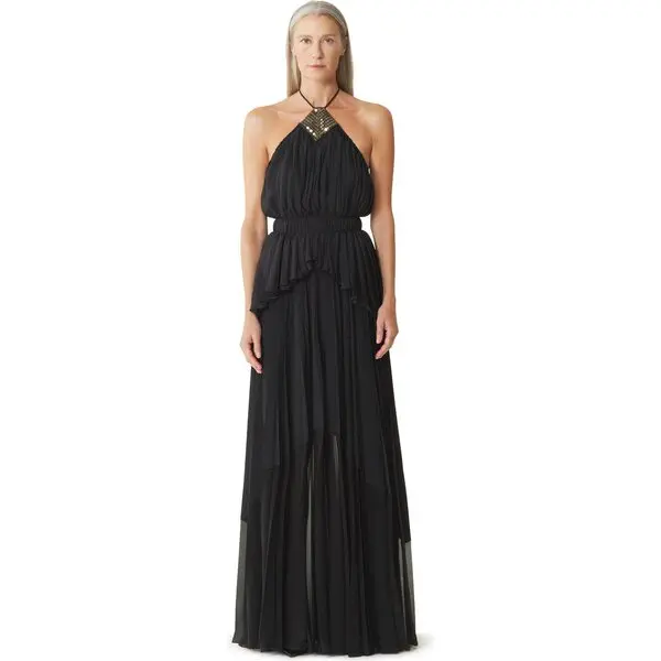 LANVIN Embroidered Pleated Dress In Silk And Charmeuse - Black