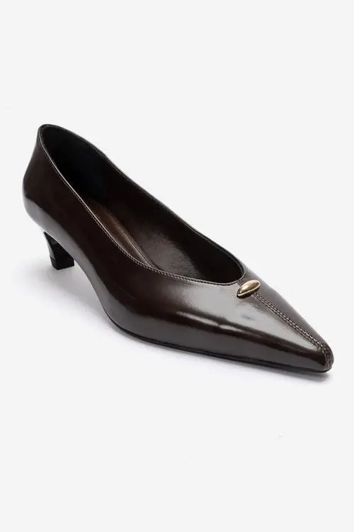 PROLOGUE SHOES Versay Pointed Toe Kitten Heel Pumps - Dark Brown