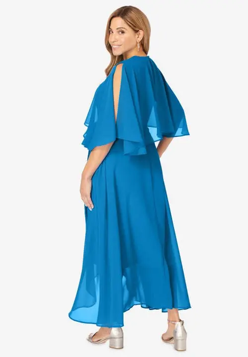 JESSICA LONDON Georgette Maxi Cape Sleeve Dress - Evening Blue