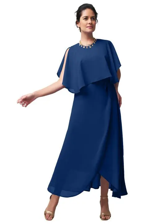 JESSICA LONDON Georgette Maxi Cape Sleeve Dress - Evening Blue