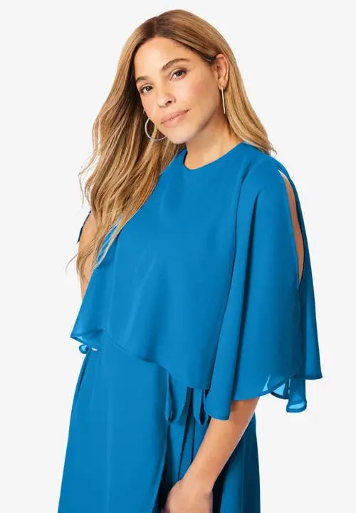 JESSICA LONDON Georgette Maxi Cape Sleeve Dress - Evening Blue