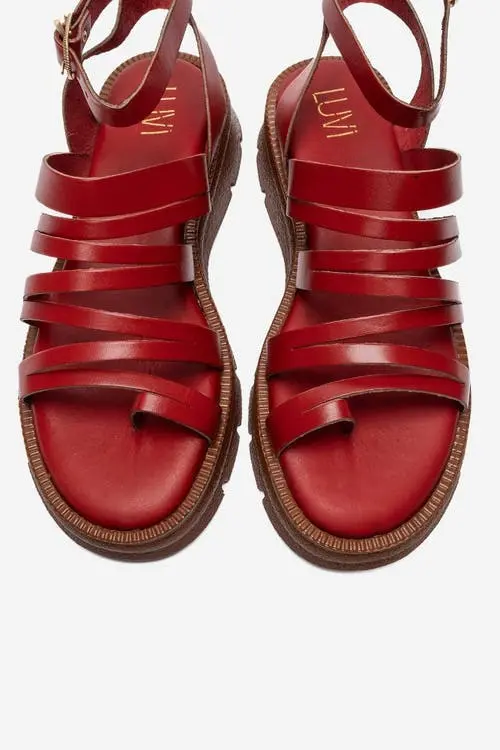 FOREVER & ALWAYS SHOES Pelsa Leather Multi-strap Sandals - Red