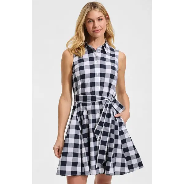 LANDS' END Poplin Button Front Dress With Godets - Radiant Navy Gingham