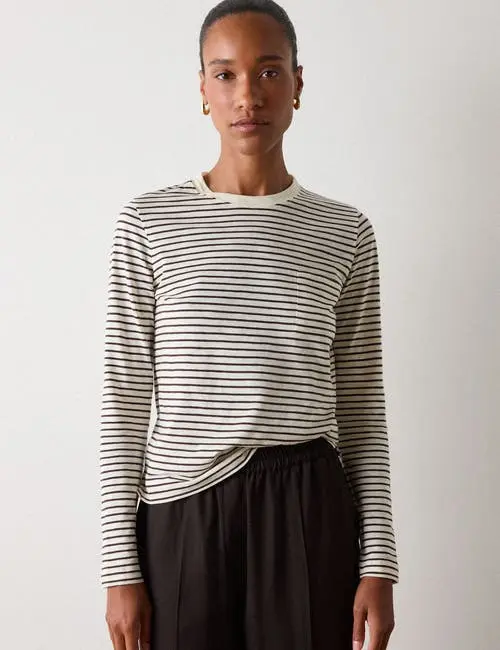 Whistles Stripe Crew Neck Pocket Top - Brwn/multi