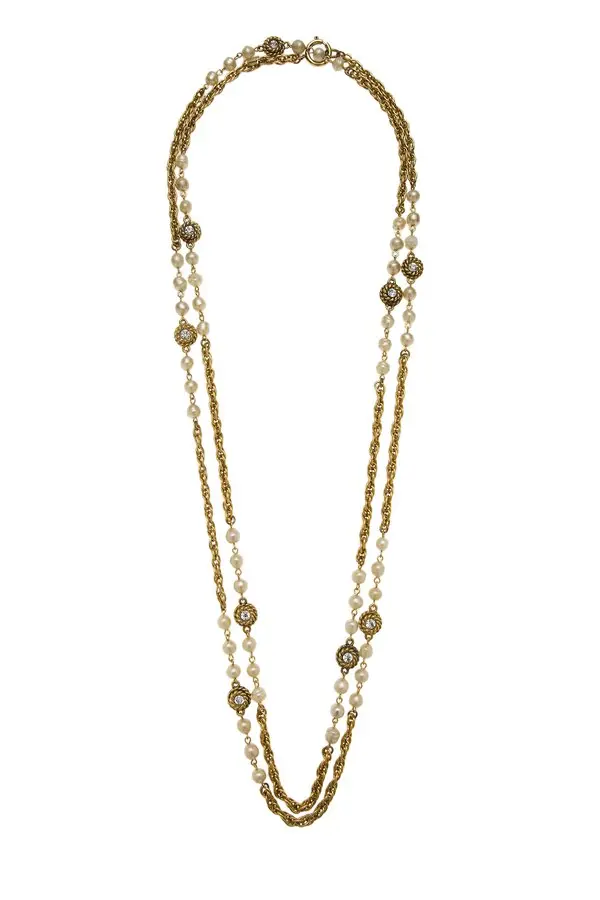 Chanel Crystal And Faux Pearl Long Necklace - Gold