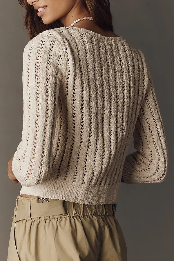 PILCRO Cotton Scoop-neck Stitched Cardigan - Ivory