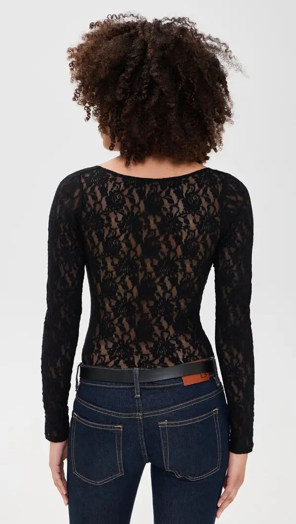 Hanky Panky Lace Thong Bodysuit With Square Neck And Long Sleeves
