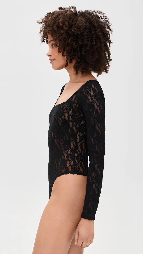 Hanky Panky Lace Thong Bodysuit With Square Neck And Long Sleeves