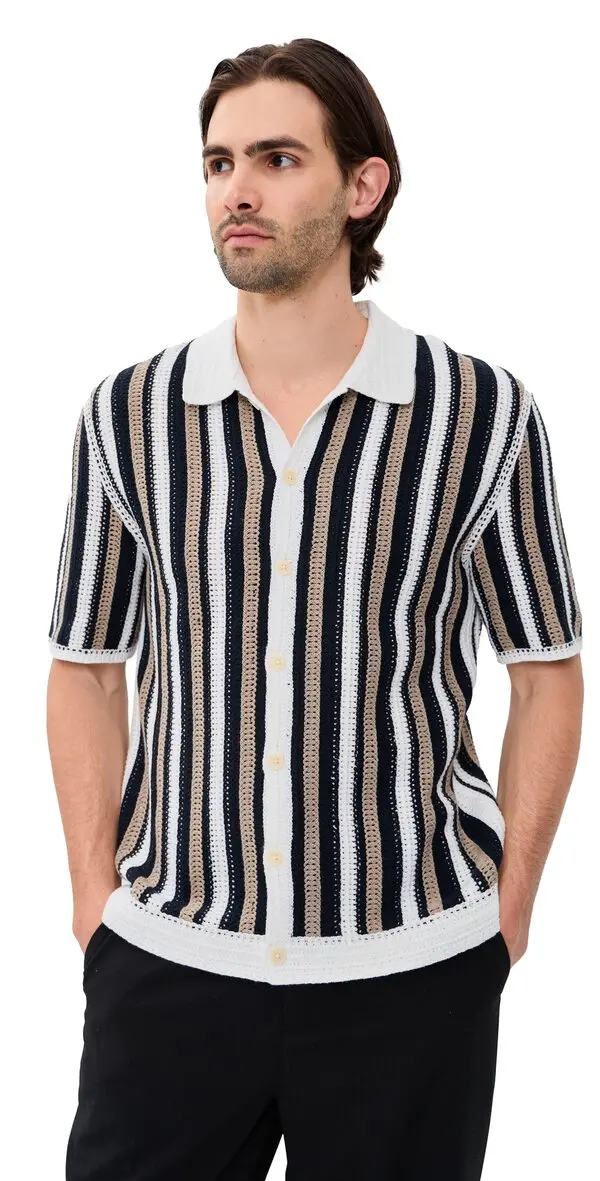 WAX LONDON Stripe Crochet Porto Shirt - Ecru/black