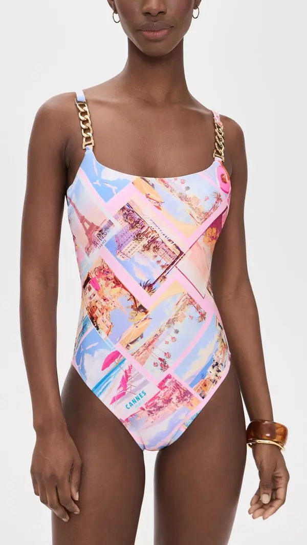 L'Agence Remi Postcard Print One-piece With Gold-tone Chain Accents - Multi
