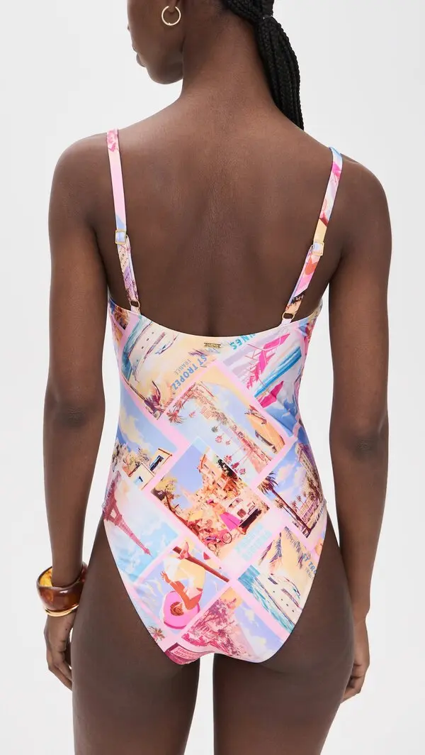 L'Agence Remi Postcard Print One-piece With Gold-tone Chain Accents - Multi