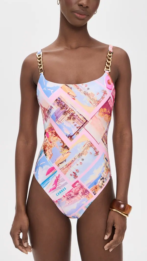 L'Agence Remi Postcard Print One-piece With Gold-tone Chain Accents - Multi