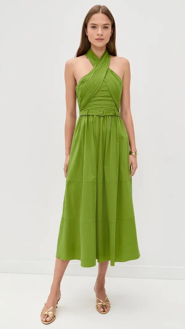 Cinq À Sept Halterneck Gathered Midi Dress - Dark Lime