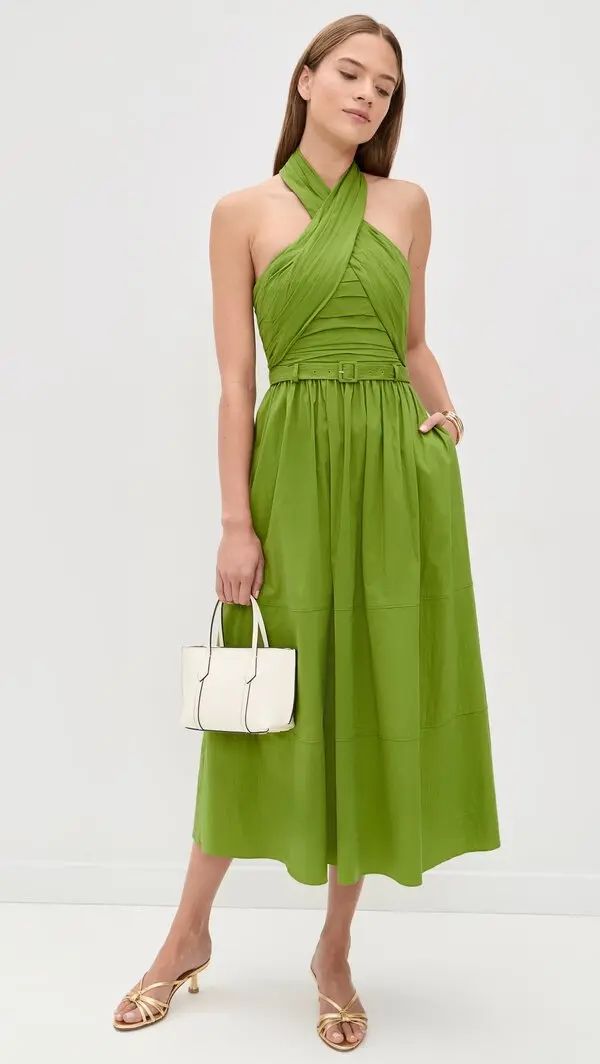 Cinq À Sept Halterneck Gathered Midi Dress - Dark Lime