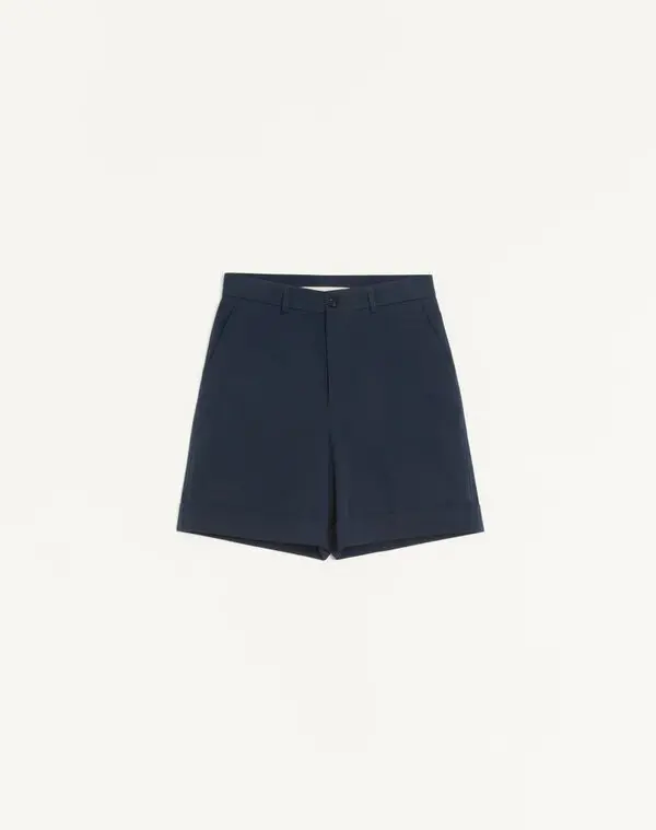Valentino Garavani Gabardine Bermuda Shorts With Turn-up And Vlogo Embroidery - Navy