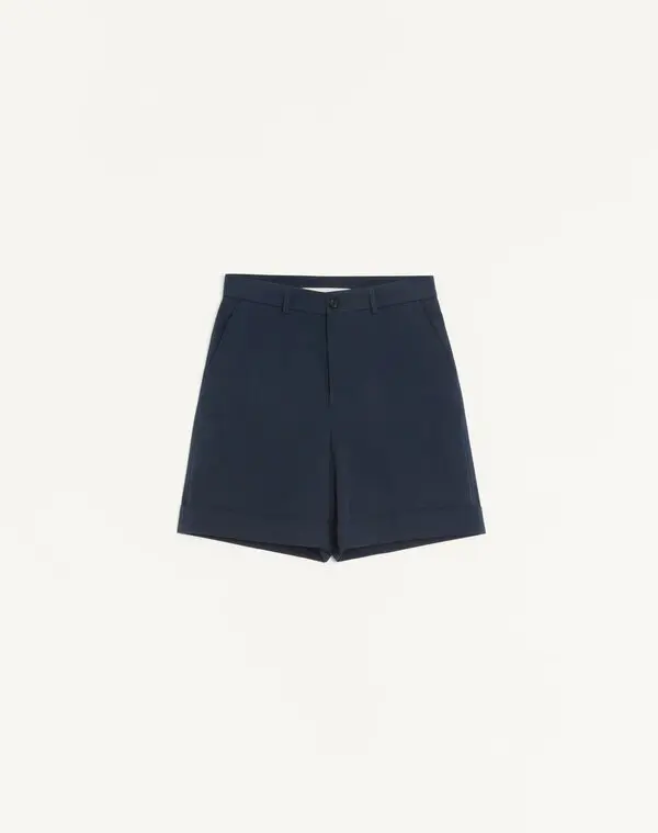 Valentino Garavani Gabardine Bermuda Shorts With Turn-up And Vlogo Embroidery - Navy