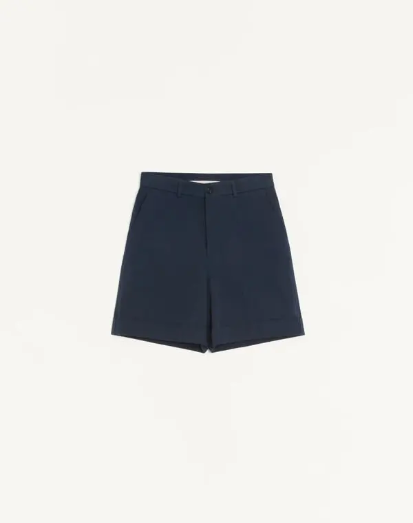 Valentino Garavani Gabardine Bermuda Shorts With Turn-up And Vlogo Embroidery - Navy