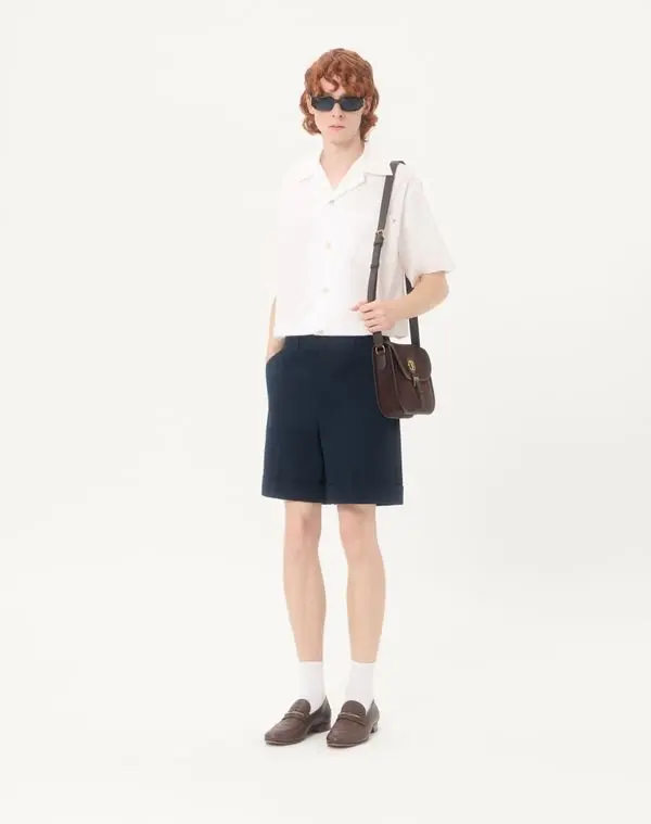 Valentino Garavani Gabardine Bermuda Shorts With Turn-up And Vlogo Embroidery - Navy