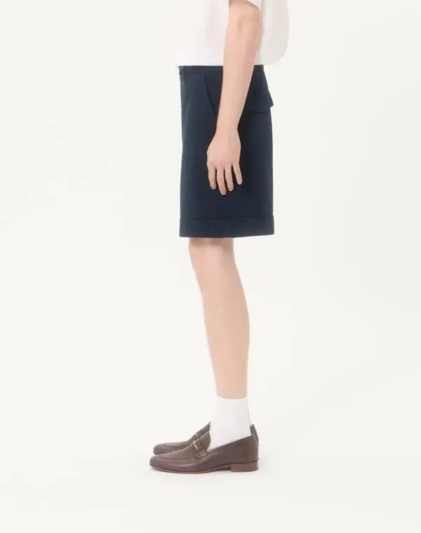 Valentino Garavani Gabardine Bermuda Shorts With Turn-up And Vlogo Embroidery - Navy