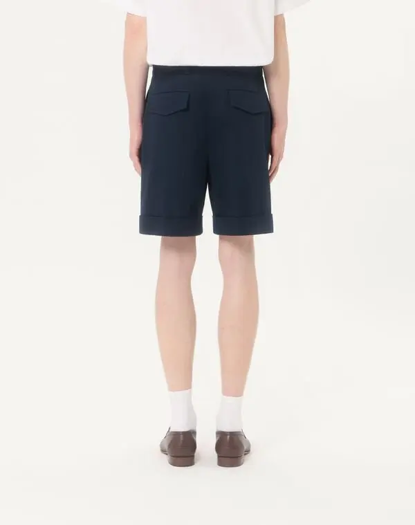 Valentino Garavani Gabardine Bermuda Shorts With Turn-up And Vlogo Embroidery - Navy