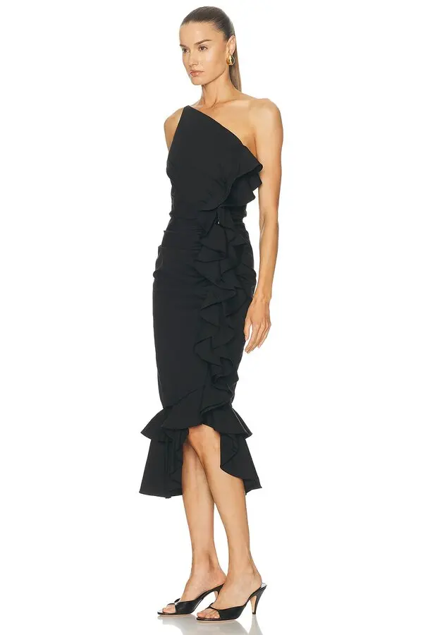 Carolina Herrera One Shoulder Ruched Midi Dress