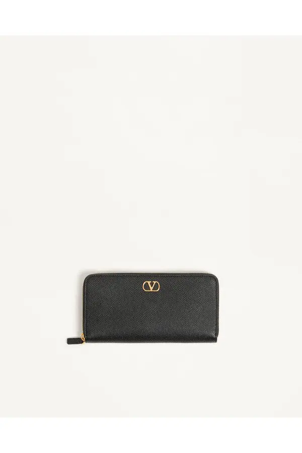 Valentino Garavani Vlogo Signature Zippered Wallet In Grainy Calfskin - Black