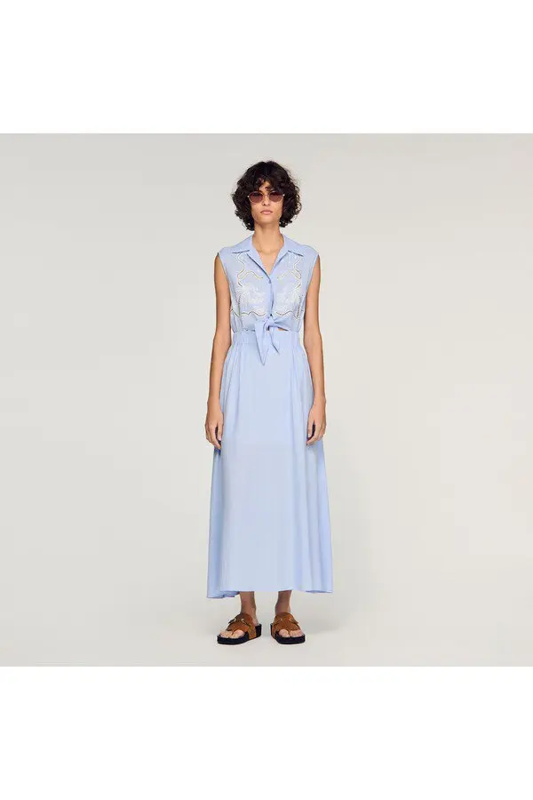Sandro Embroidered Linen Maxi Dress