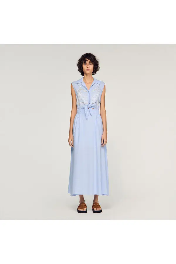 Sandro Embroidered Linen Maxi Dress