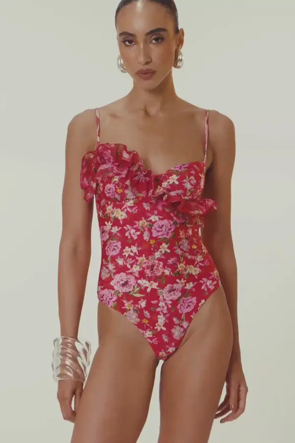 PatBO Peony Print Lycra Ruffle Bodysuit