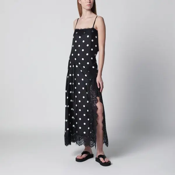 Sportmax Long Polka-dot Silk Dress With Lace - Black
