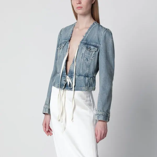 MAISON MARGIELA Cotton Denim Jacket With V-neck - Light Blue