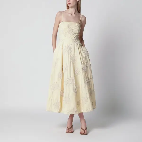 ROTATE BY BIRGER CHRISTENSEN Midi Dress With Floral Appliqués - Yellow