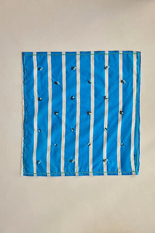 ELIZABETH GILLETT Embroidered Floral Stripe Cotton Bandana - Blue