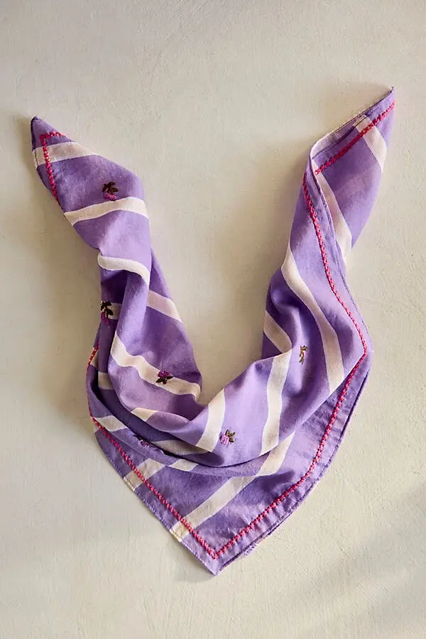 ELIZABETH GILLETT Embroidered Floral Stripe Cotton Bandana - Plum
