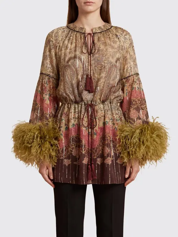 Valentino Garavani Paisley Print Silk Blouse With Ostrich Feather Cuffs - Beige