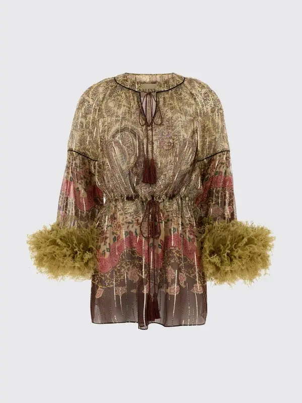 Valentino Garavani Paisley Print Silk Blouse With Ostrich Feather Cuffs - Beige
