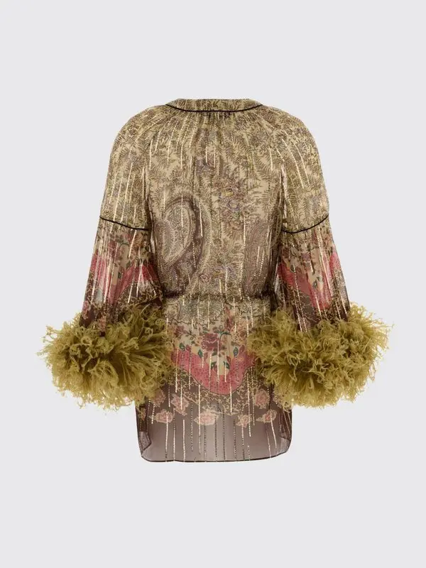 Valentino Garavani Paisley Print Silk Blouse With Ostrich Feather Cuffs - Beige