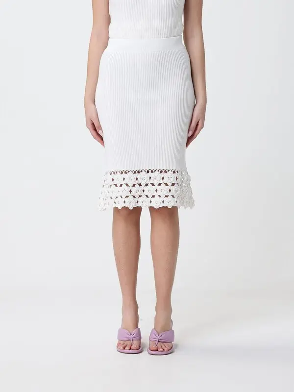 GANNI Organic Cotton Ribbed Midi Skirt With Macramé Detail - White