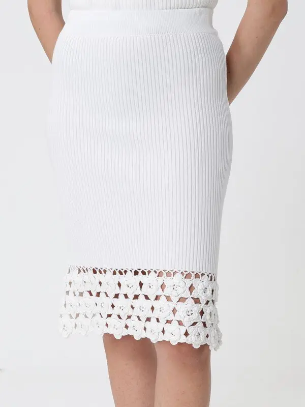 GANNI Organic Cotton Ribbed Midi Skirt With Macramé Detail - White