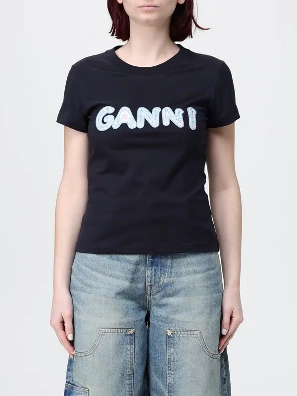 GANNI Organic Cotton T-shirt With Embroidered Logo - Black