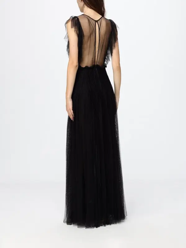 Elisabetta Franchi Long Tulle Gown With V-neck And Ruched Details - Black