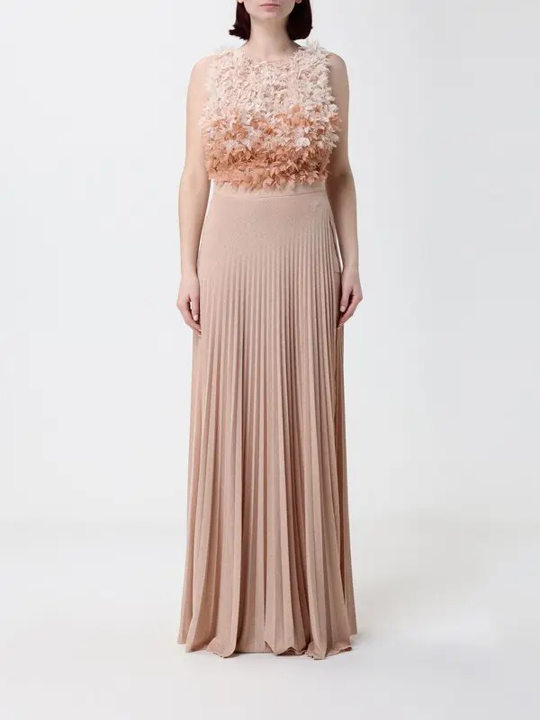 Elisabetta Franchi Lurex Jersey Gown With Flower Appliqu - Nude