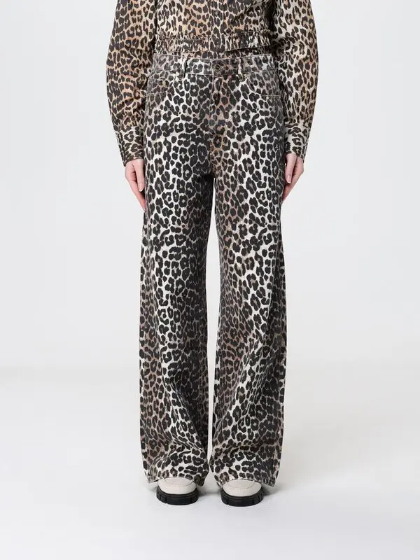 GANNI Leopard Print Wide Leg Jeans - Brown