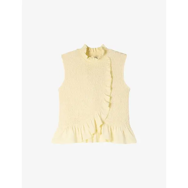 Sandro Smocked Ruffled-collar Stretch-woven Top - Light Yellow