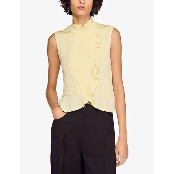 Sandro Smocked Ruffled-collar Stretch-woven Top - Light Yellow