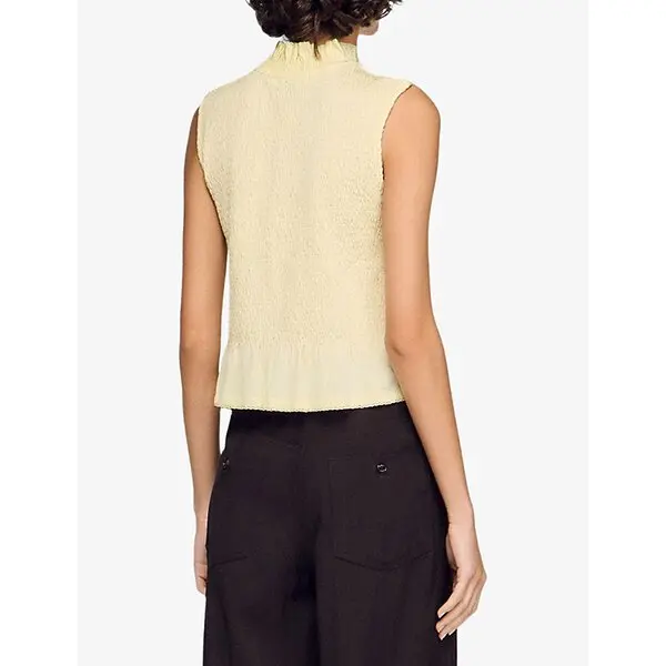 Sandro Smocked Ruffled-collar Stretch-woven Top - Light Yellow