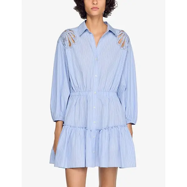 Sandro Striped Rhinestone-embellished Cotton Mini Dress